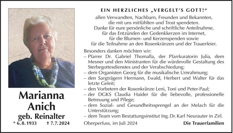 Danksagung von Marianna Anich vom 07.07.2024 | Tiroler Tageszeitung