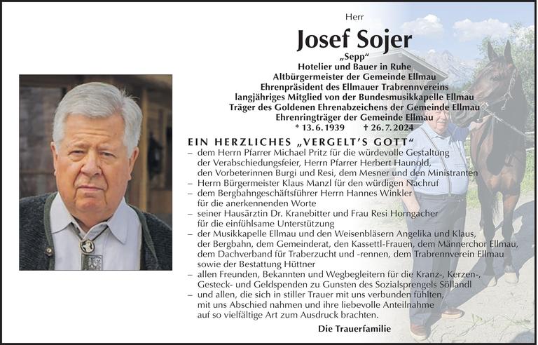 Danksagung von Josef Sojer vom 17.08.2024 | Tiroler Tageszeitung