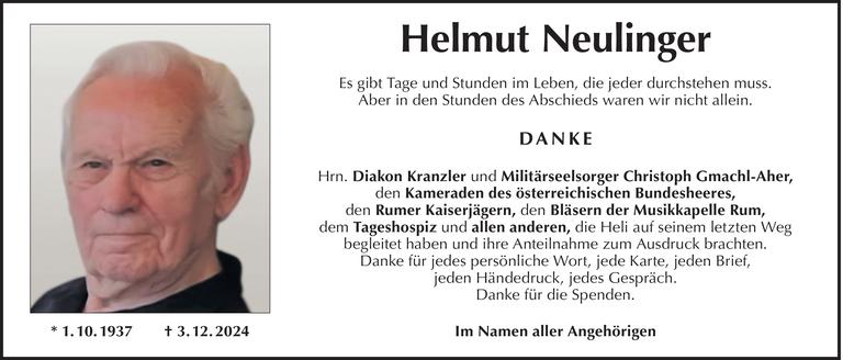 Danksagung von Helmut Neulinger vom 03.12.2024 | Tiroler Tageszeitung