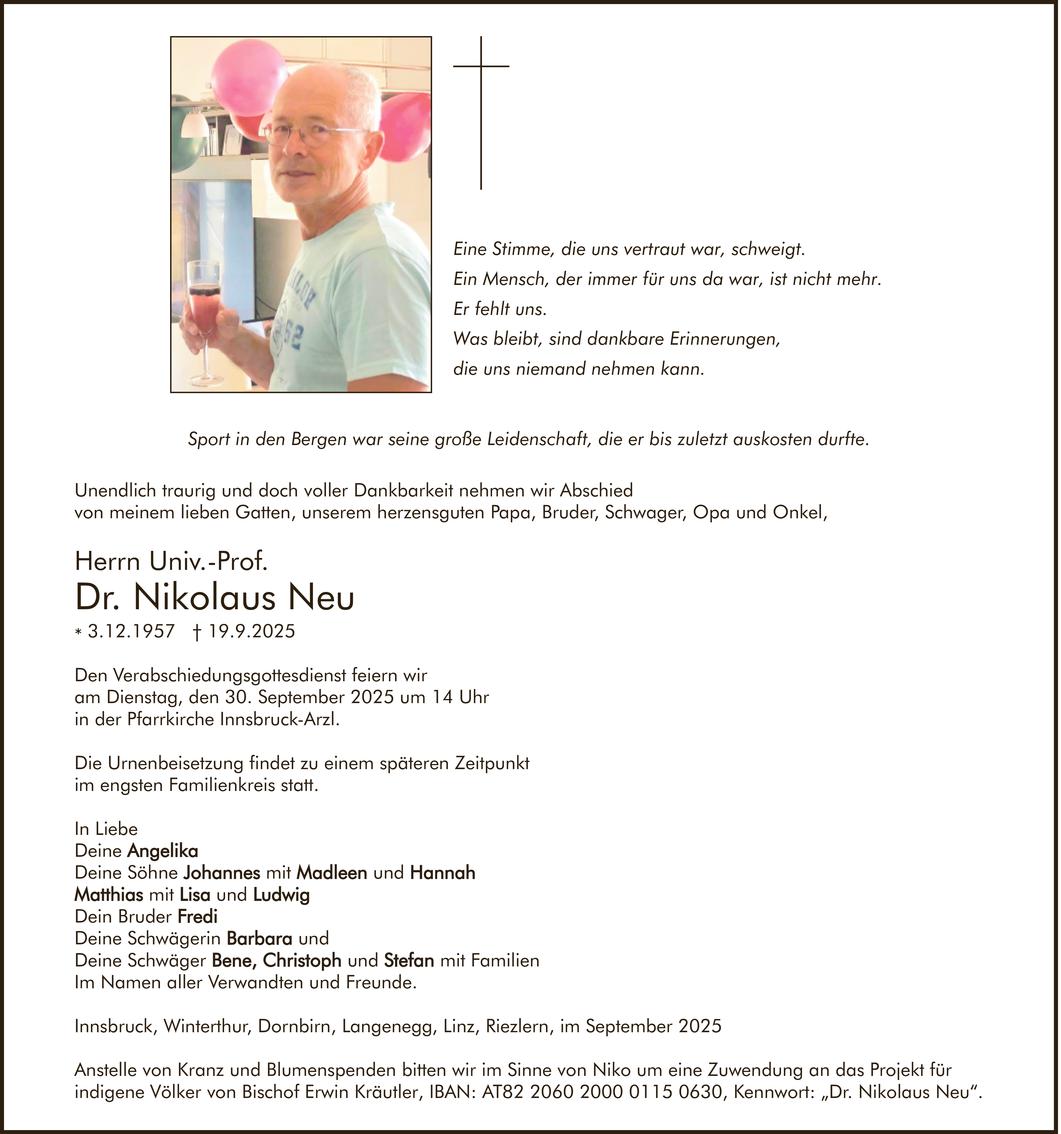 Traueranzeige von Nikolaus Neu vom 19.09.2025 | Tiroler Tageszeitung